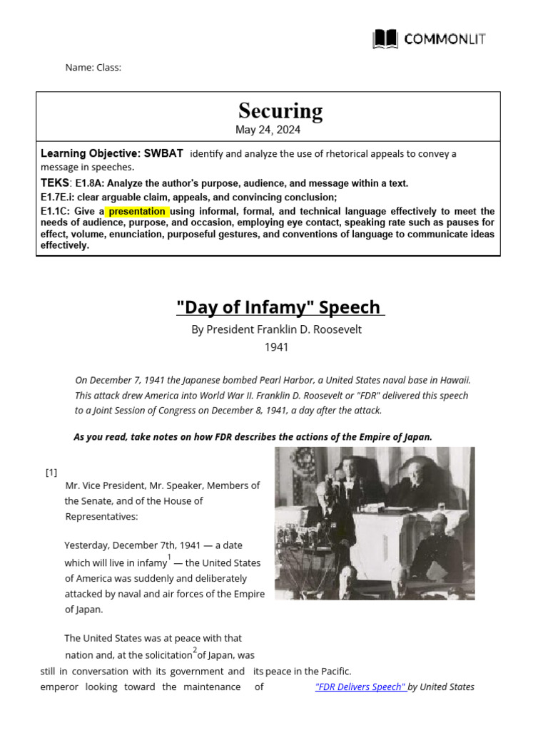 (Wednesday L&S1) Day - of - Infamy - Quot - Speech-Student | PDF | Politics