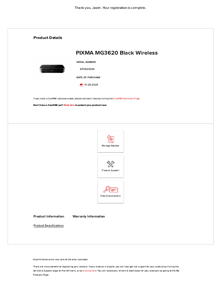 Canon Printer Registration Confirmation | PDF