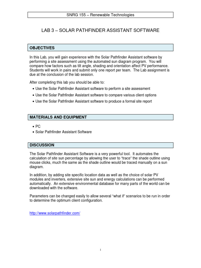 SNRG 155 Lab 3 Solar Pathfinder Assistant Software W20 | PDF ...