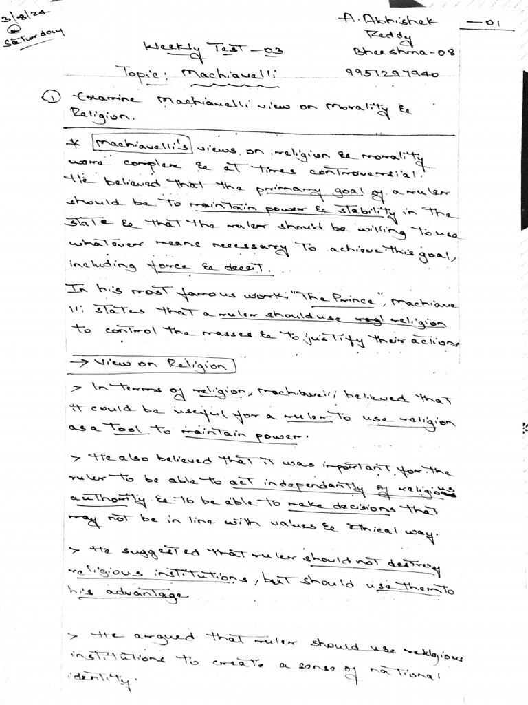 A Abhishek Reddy B8 Weekly Test 03 Machiavelli | PDF