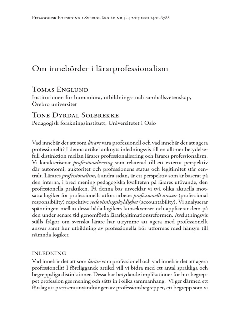Om Innebörder I Lärarprofessionalism: Tomas Englund Tone Dyrdal Solbrekke | PDF