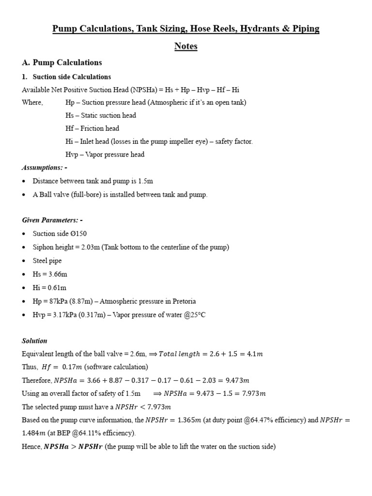 Pump Calculations & Tank Sizing Notes | PDF | Pump | Mechanical Engineering