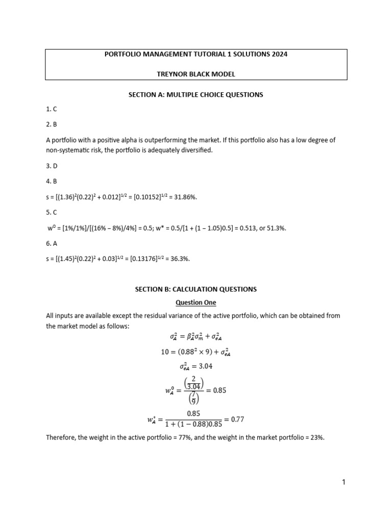 Tutorial 1 Solutions 2024 Pdf Standard Deviation Beta Finance