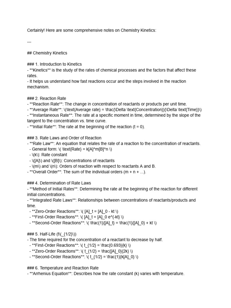 Chemistry Kinetics Notes | PDF | Reaction Rate | Chemical Kinetics