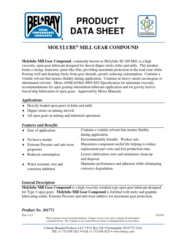 Molylube Mill Gear Compound | PDF | Lubricant | Viscosity