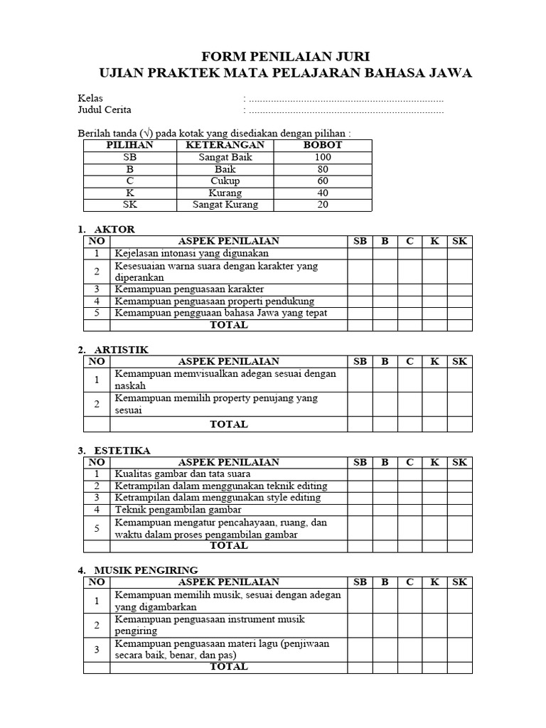 Form Penilaian Juri Ujian Praktek Pagelaran | PDF