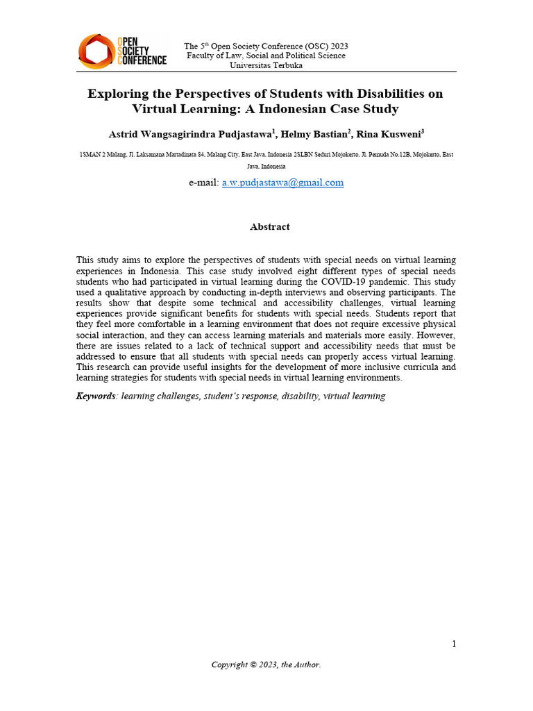 Exploring The Perspectives of Students With Disabilities On Virtual Learning A Indonesian Case ...