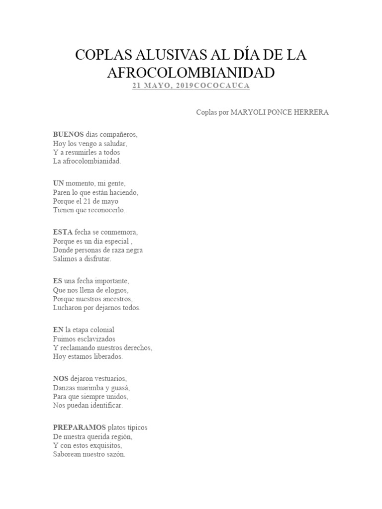 Coplas Alusivas Al Día de La Afrocolombianidad | PDF | Clásicos