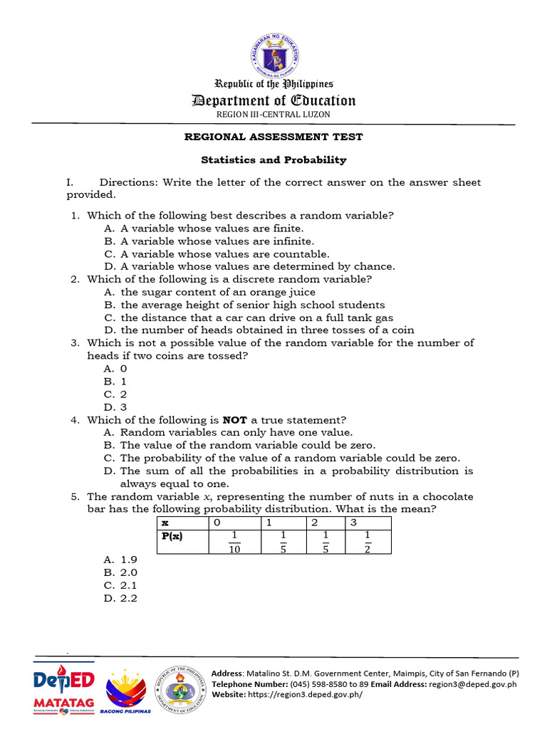 RAT_Statistics-and-Probability_Grade-11_FINAL | PDF | Random Variable | Sampling (Statistics)