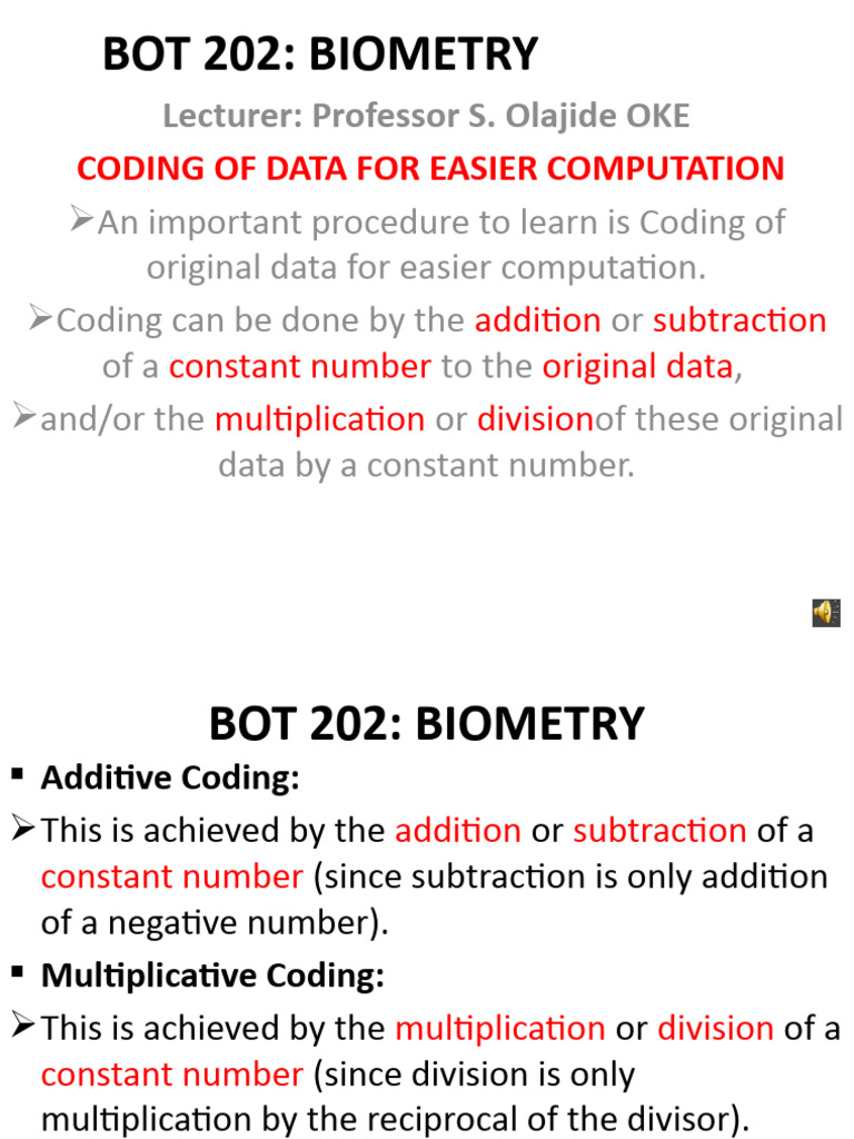BOT 202 - Lecture 5 - Coding of Data | PDF | Standard Deviation | Multiplication