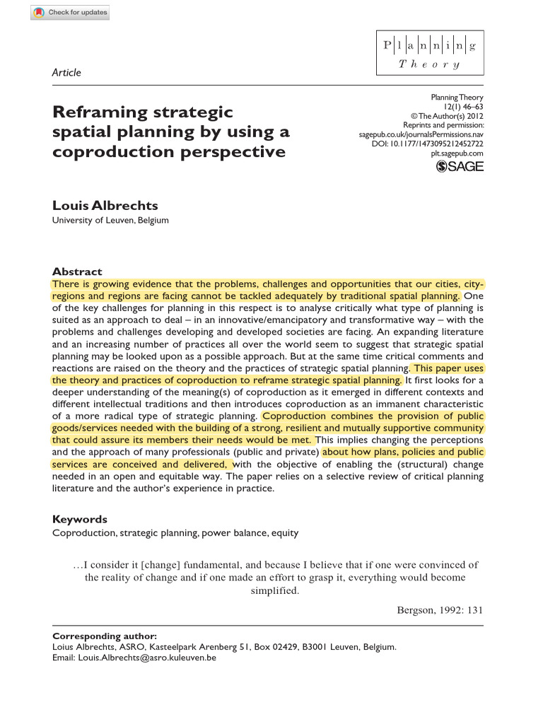 Albrechts 2012. Reframing Strategic Planning by Using Coproduction | PDF | Strategic Planning ...