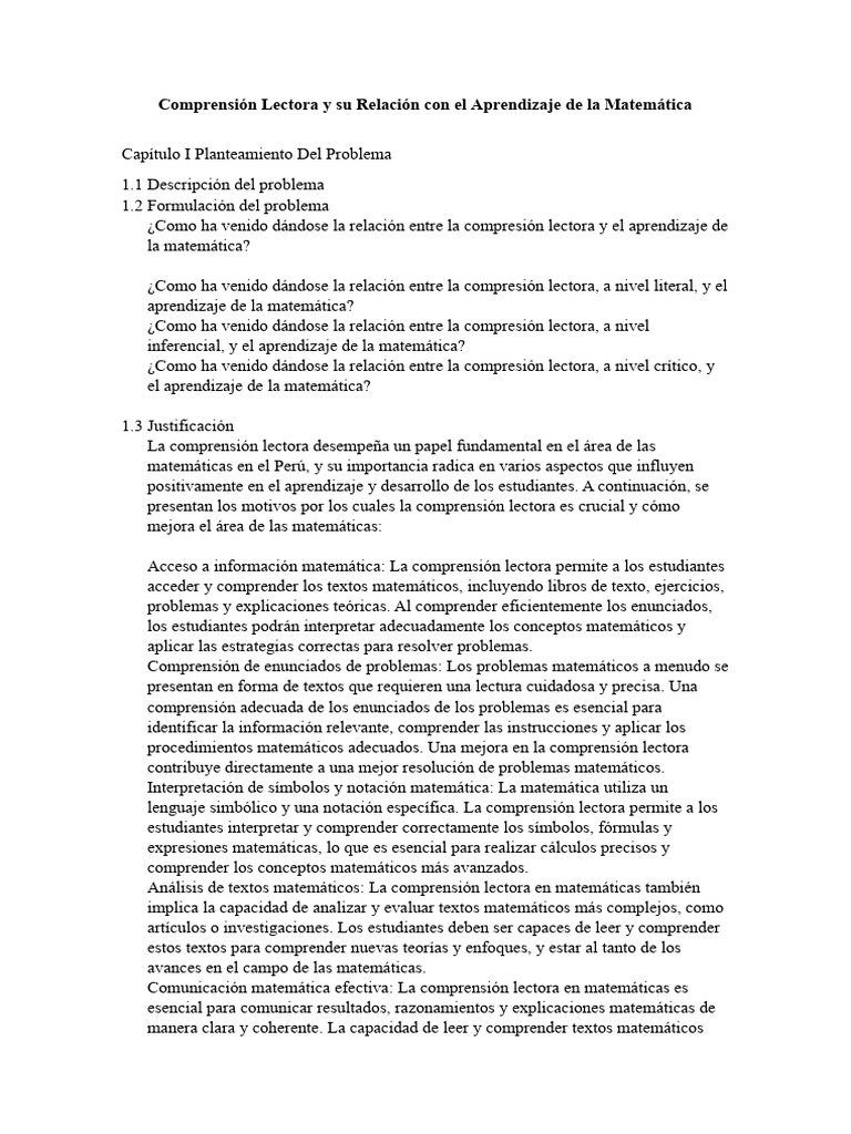 Comprensión Lectora y Su Relación Con El Aprendizaje de La Matemática ...