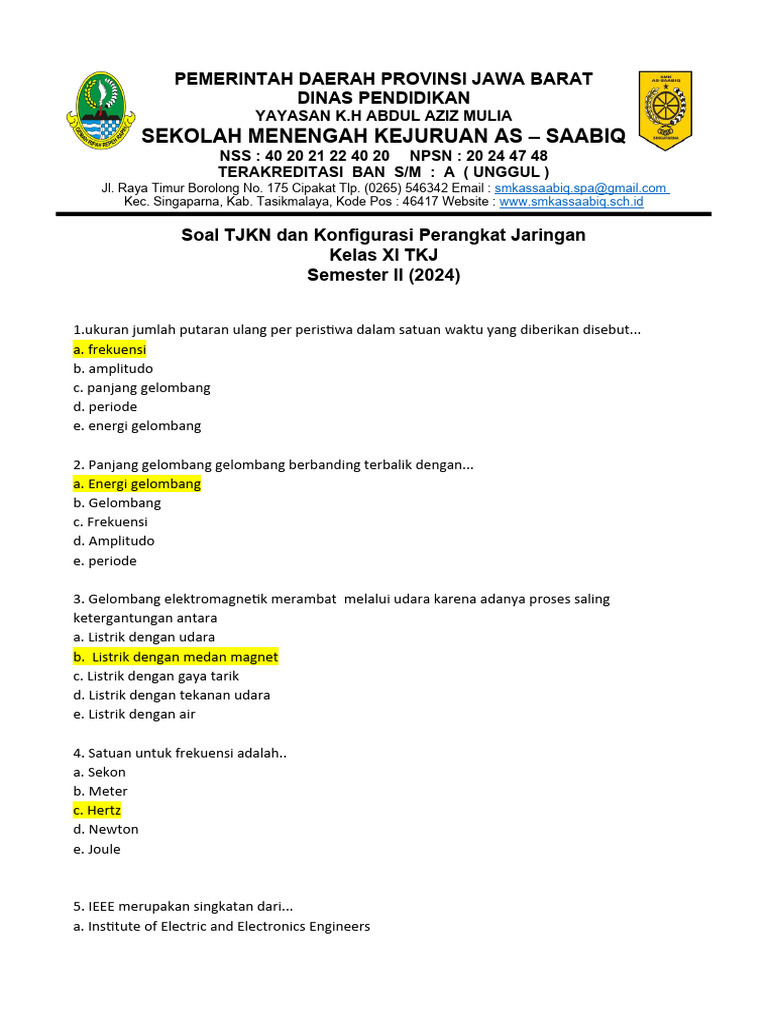 SOAL-TJKN Dan Konfigurasi Jaringan - XI TKJ - SMK ASSAABIQ 2024 | PDF | Sains & Matematika ...
