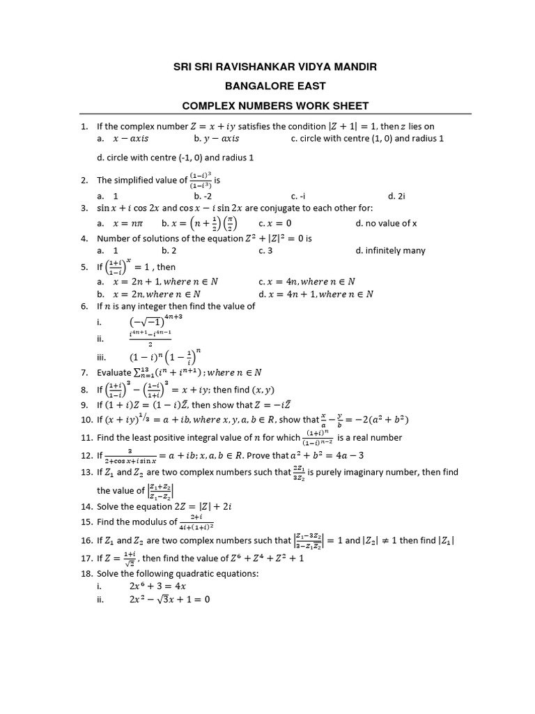 Sri Sri Ravishankar Vidya Mandir Bangalore East Complex Numbers Work Sheet | PDF | Complex ...