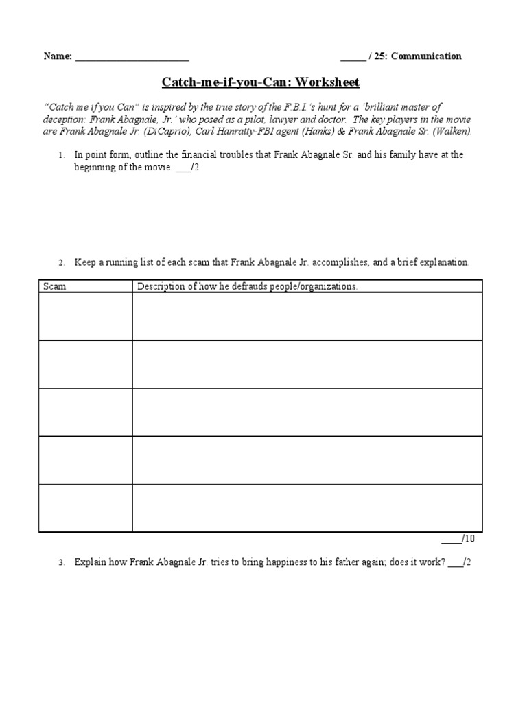 Catch Me If You Can Worksheet | PDF