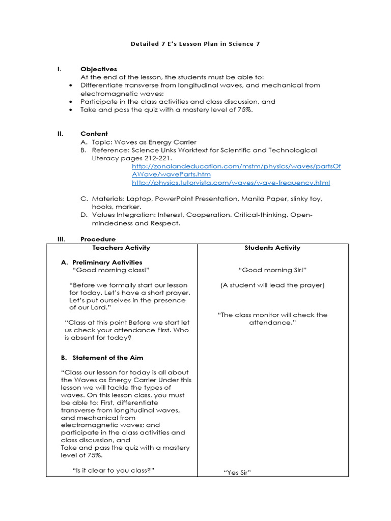 7e's Detailed-Lesson-Plan Grade 7 - Waves | PDF | Waves | Motion (Physics)