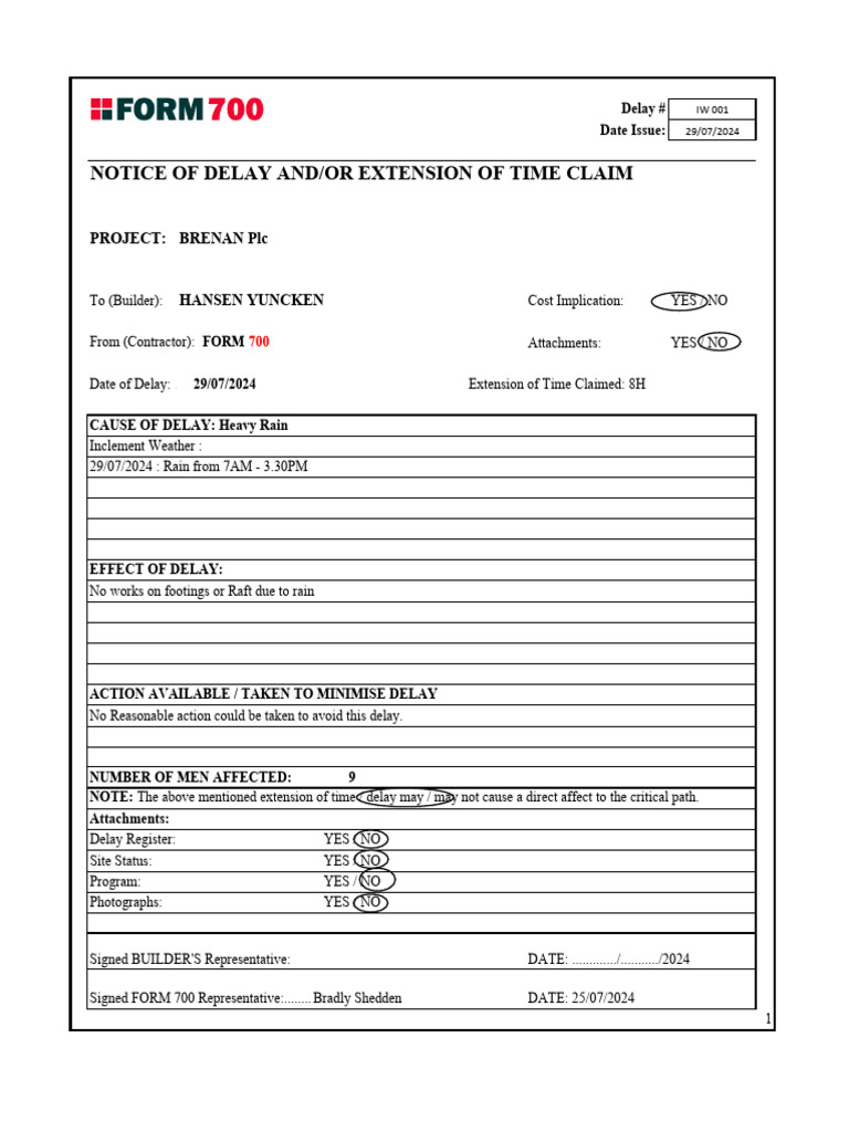 Notice of Delay And/Or Extension of Time Claim: Project: Brenan PLC | PDF