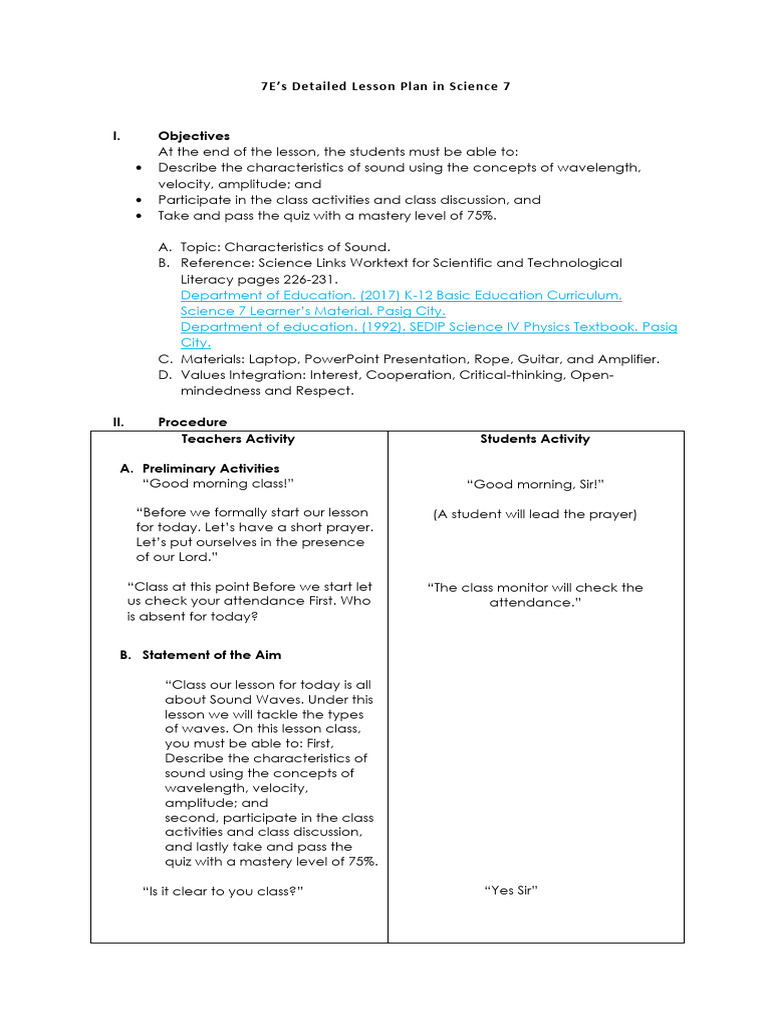 7E's Lesson-Plan Grade 7 - Waves OJT 5- Sound Waves | PDF | Sound | Waves