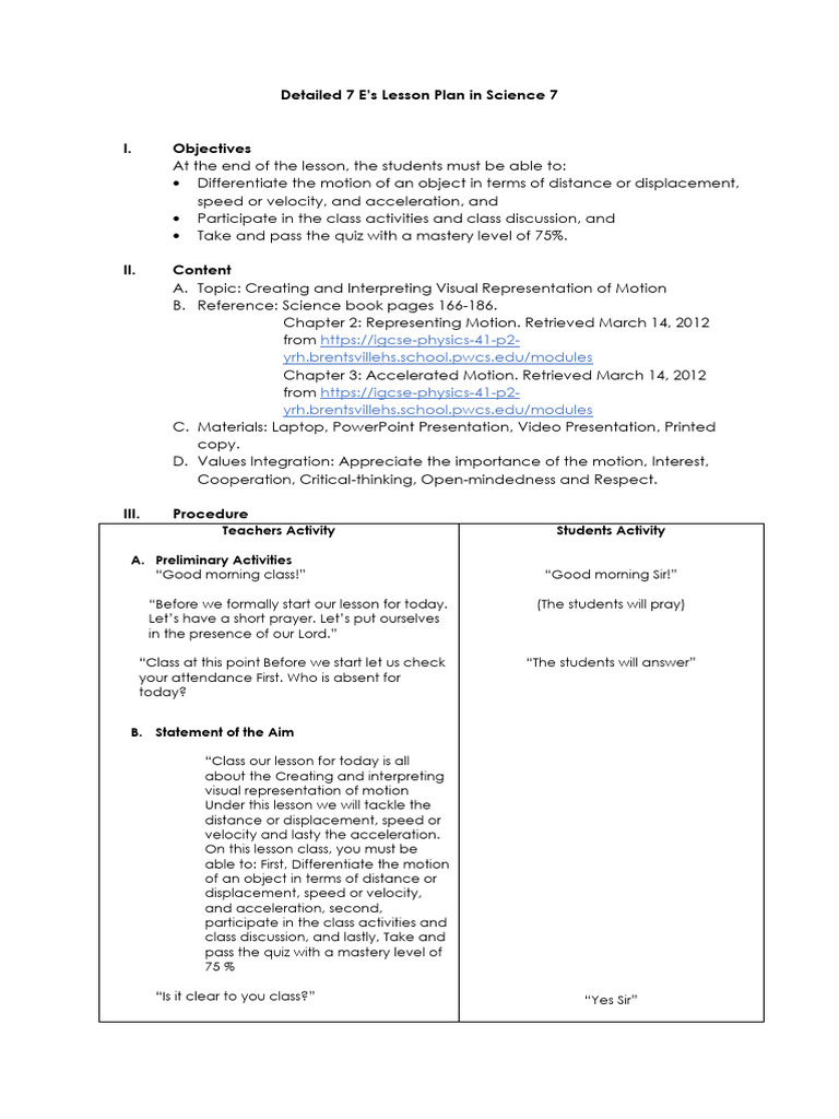 7e's Detailed-Lesson-Plan Grade 7 - Describing Motion | PDF | Speed ...