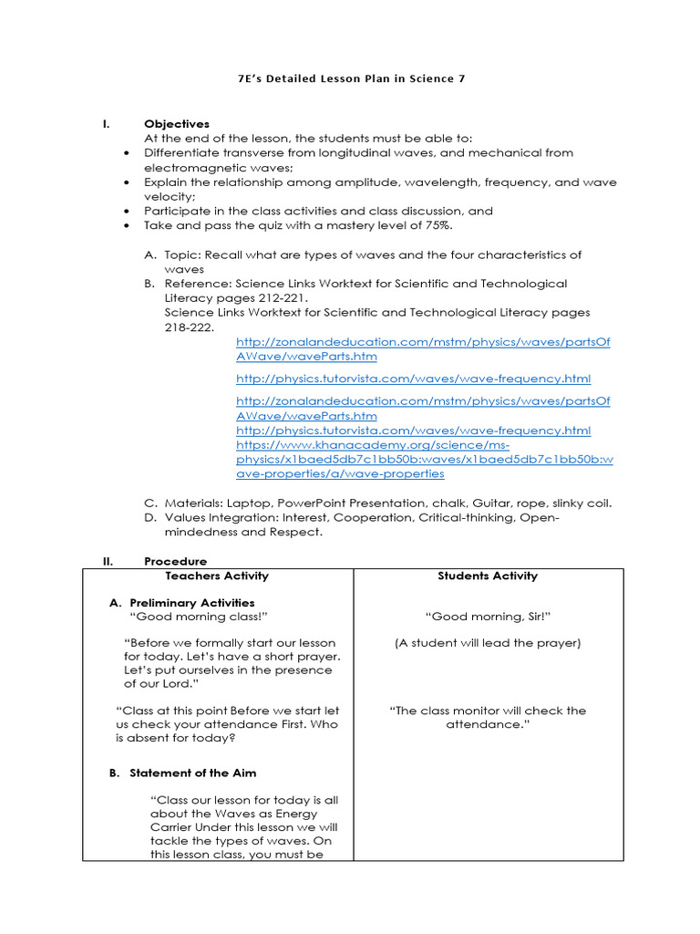 7e S Lesson Plan Grade 7 Waves Ojt 4 Characteristics Of Wave Pdf