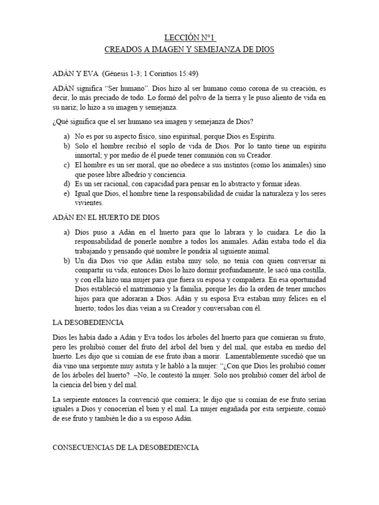 Lección N°1 Adan y Eva | PDF | Adán y Eva | Adán
