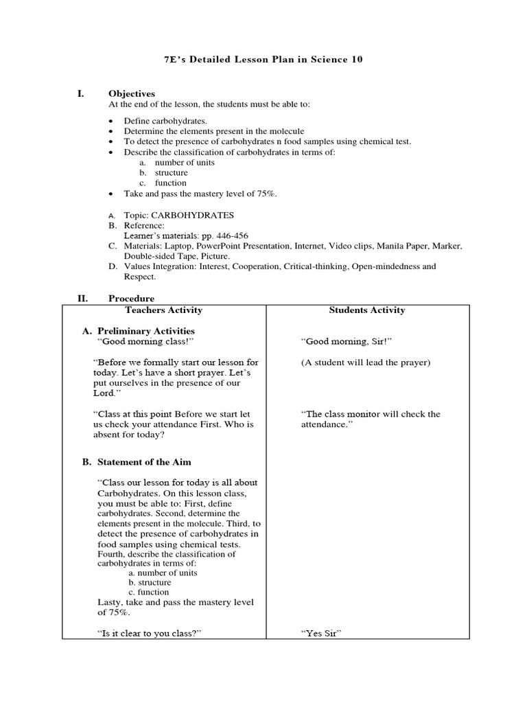 7e's Lesson-Plan Grade 10 - OJT 15 - Final Demo - Biomolecules | PDF ...