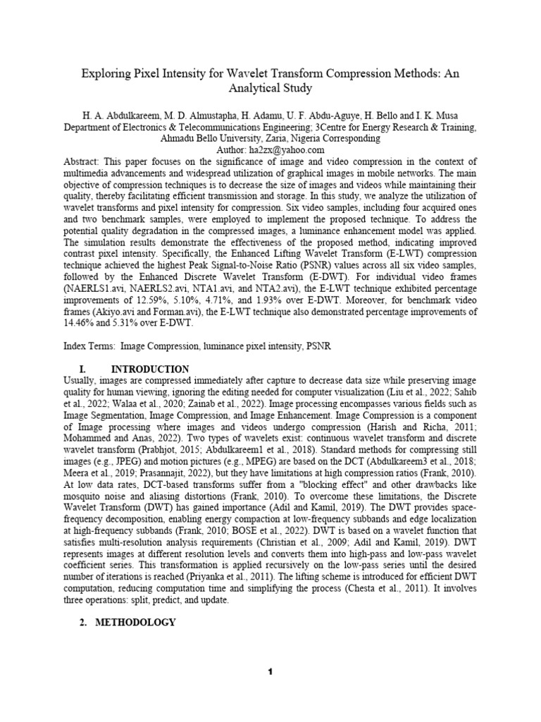 Exploring Pixel Intensity For Wavelet Transform Compression Methods An Analytical Study-1 | PDF ...