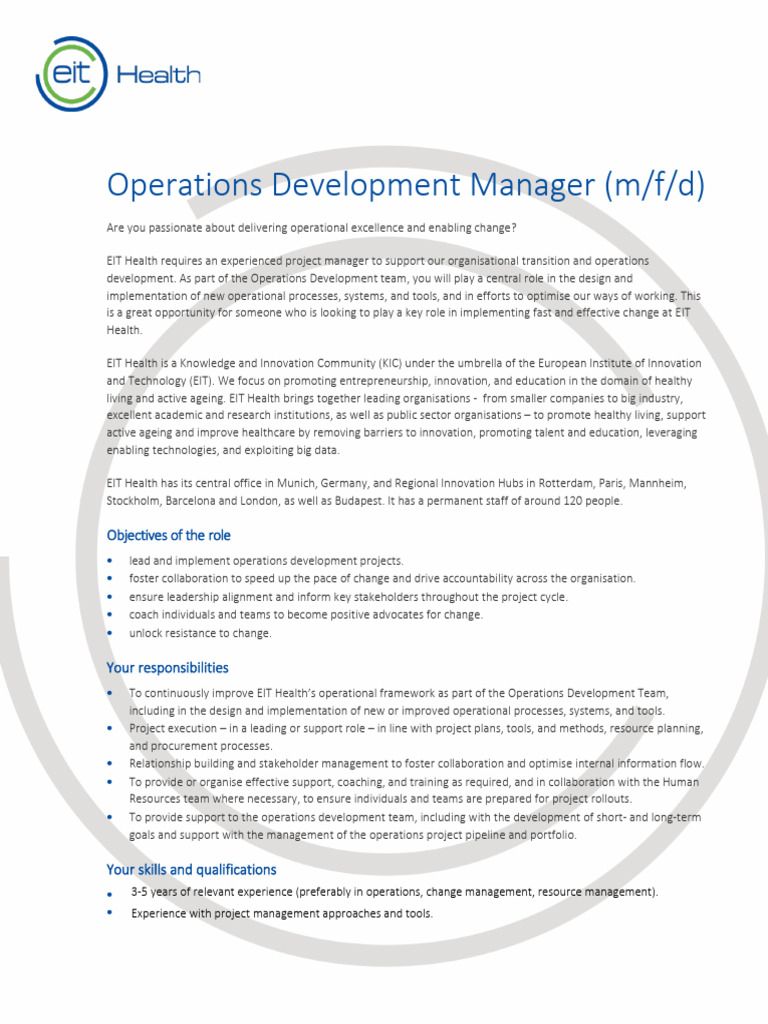 EIT Health Call For Applications Operations Development Manager | PDF ...