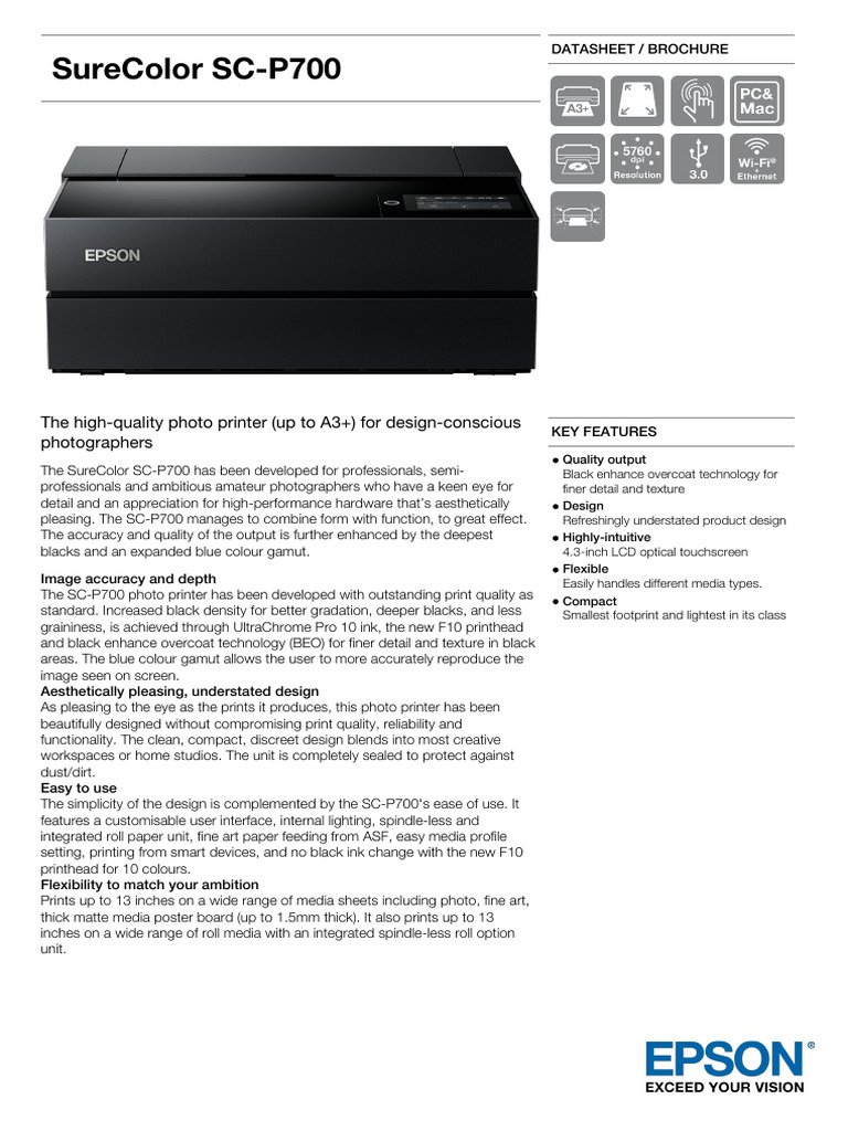 SureColor SC P700 Datasheet | PDF | Printer (Computing) | Office Equipment