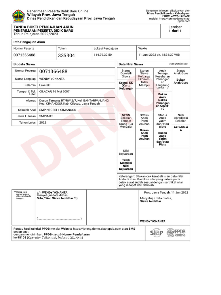 Tanda Bukti Pengajuan Akun - 0071366488 - WENDY YONANTA | PDF