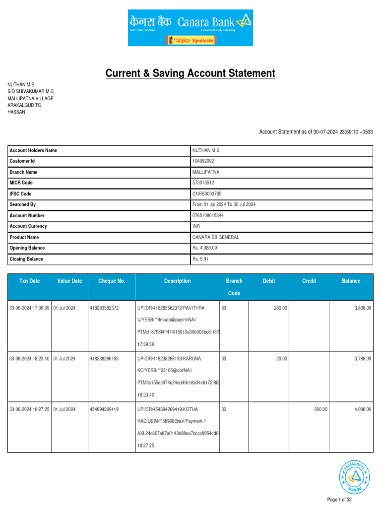 Current & Saving Account Statement: Nuthan M S S/O Shivakumar M C ...