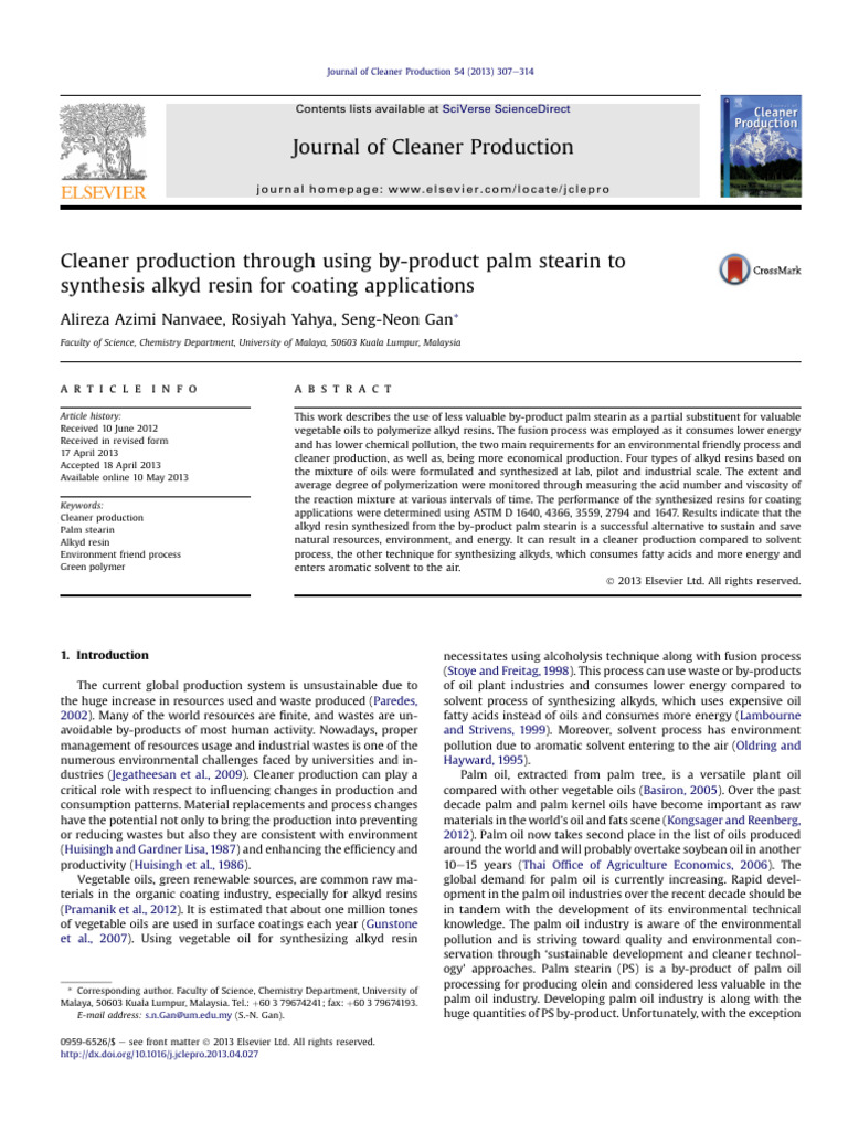 2013 Cleaner Production Through Using By-Product Palm Stearin To ...