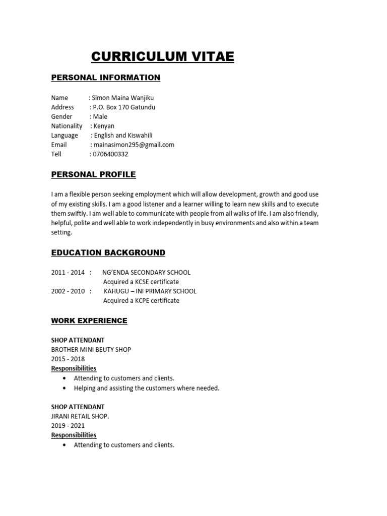Simon Wanjiku's CV for Employment | PDF