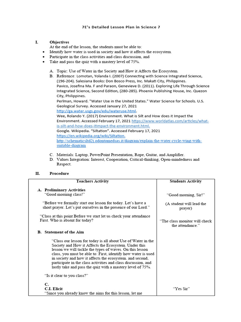 7e's Lesson-Plan Grade 7 - OJT 6 - Environmental Science - Use of Water ...