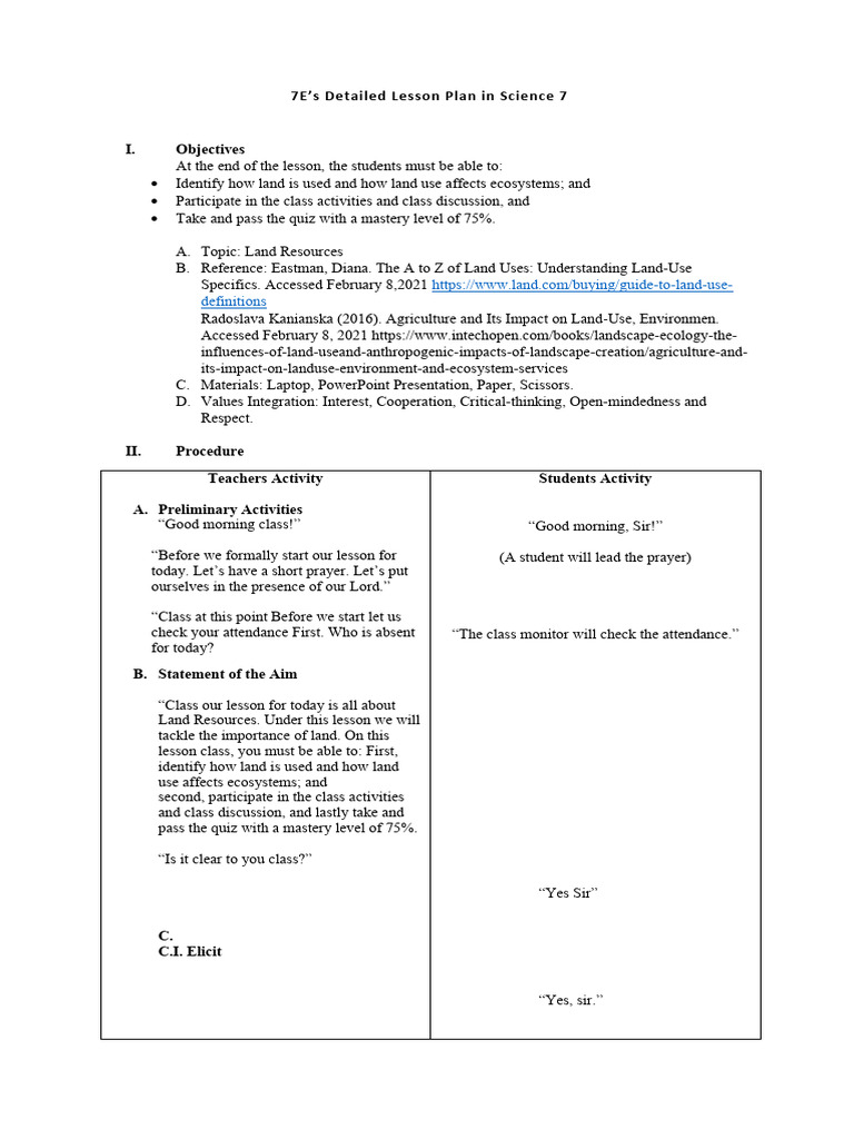 7e's Lesson-Plan Grade 7 - OJT 12 - Land Resources Environmental ...