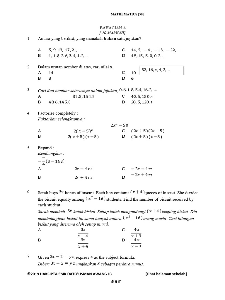 Bestdua Form 2 Math Midterm | PDF