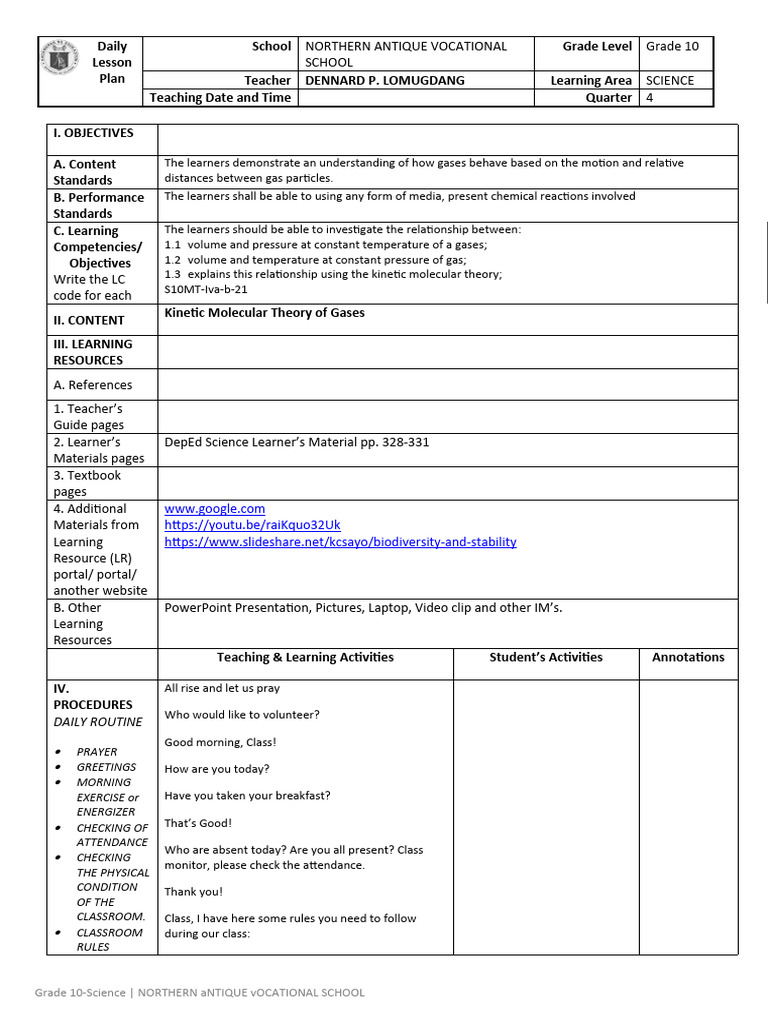 7e's Lesson-Plan Grade 10 - OJT 10 - Kinetic Molecular Theory of Gases ...