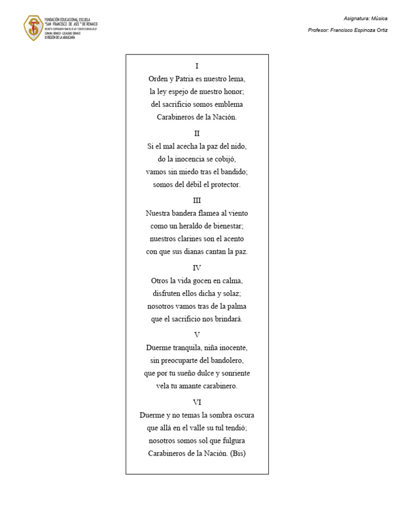 Letra Himno Del Carabinero | PDF | Religión y espiritualidad
