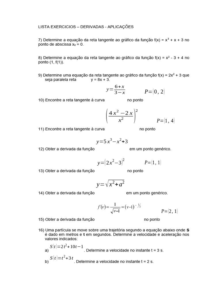 Lista Exercicios - Derivadas - Aplicacoes | PDF | Velocidade | Derivado