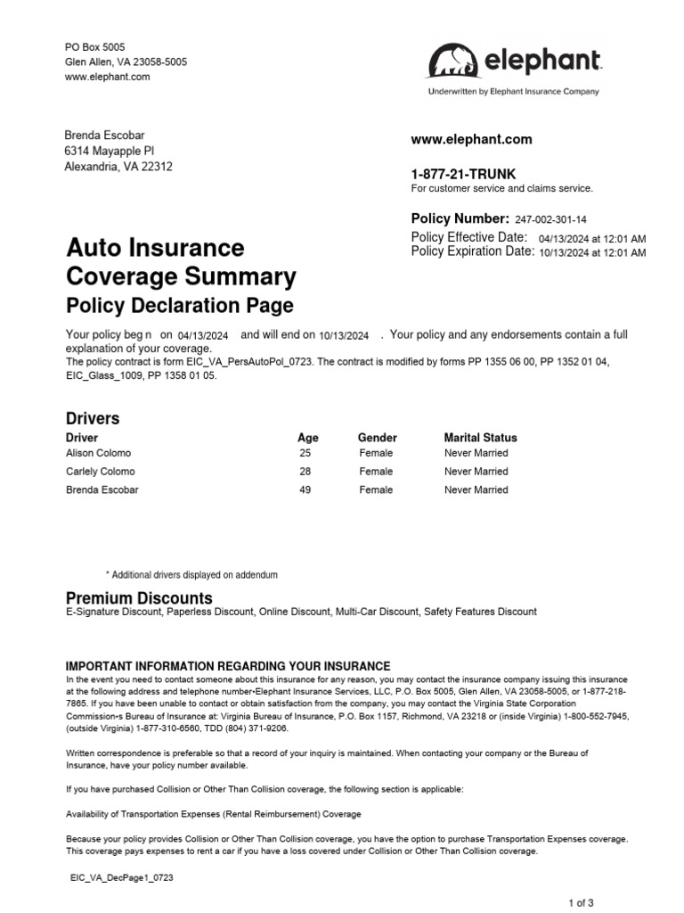 VA Policy Declarations Page 1711762709938 | PDF | Insurance | Liability ...