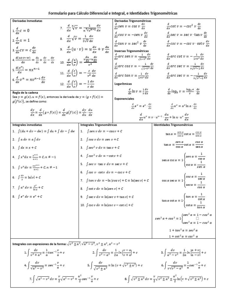 Formulario para Cálculo Diferencial e Integral | PDF | Integral ...