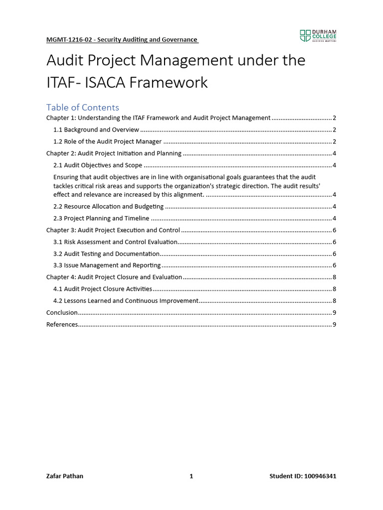Audit Project Management Under The ITAF - Zafar - 100946341 | PDF | Audit | Project Management