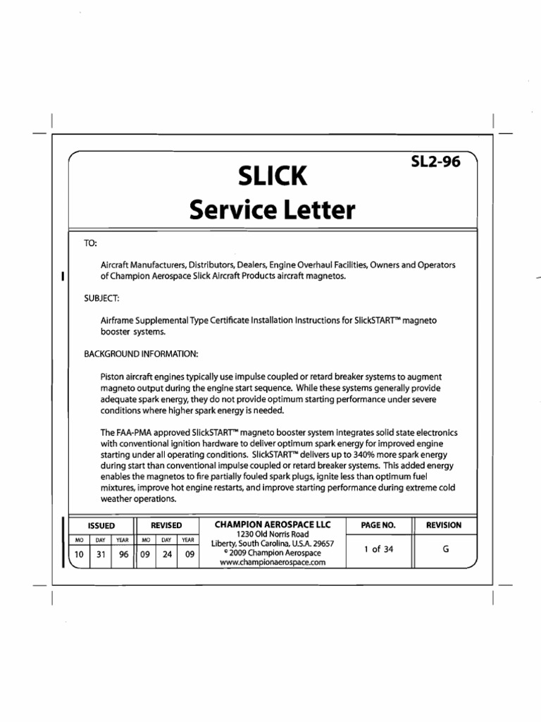 Slick Service Letter: Champion Aerospace LLC | PDF | Electrical Connector | Ignition System