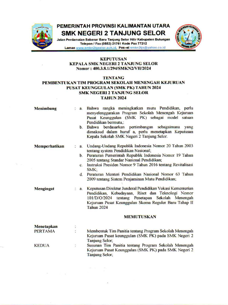 SK Tim Program SMK PK 2024 | PDF