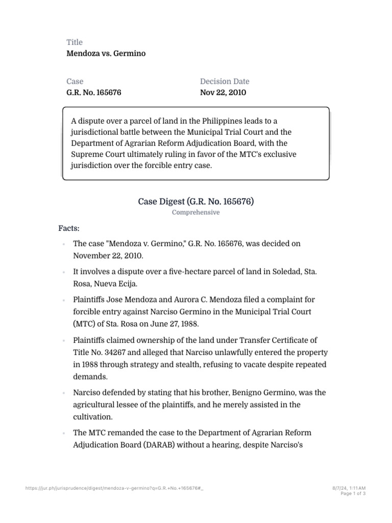 MTC Jurisdiction in Mendoza v. Germino | PDF | Complaint | Jurisdiction