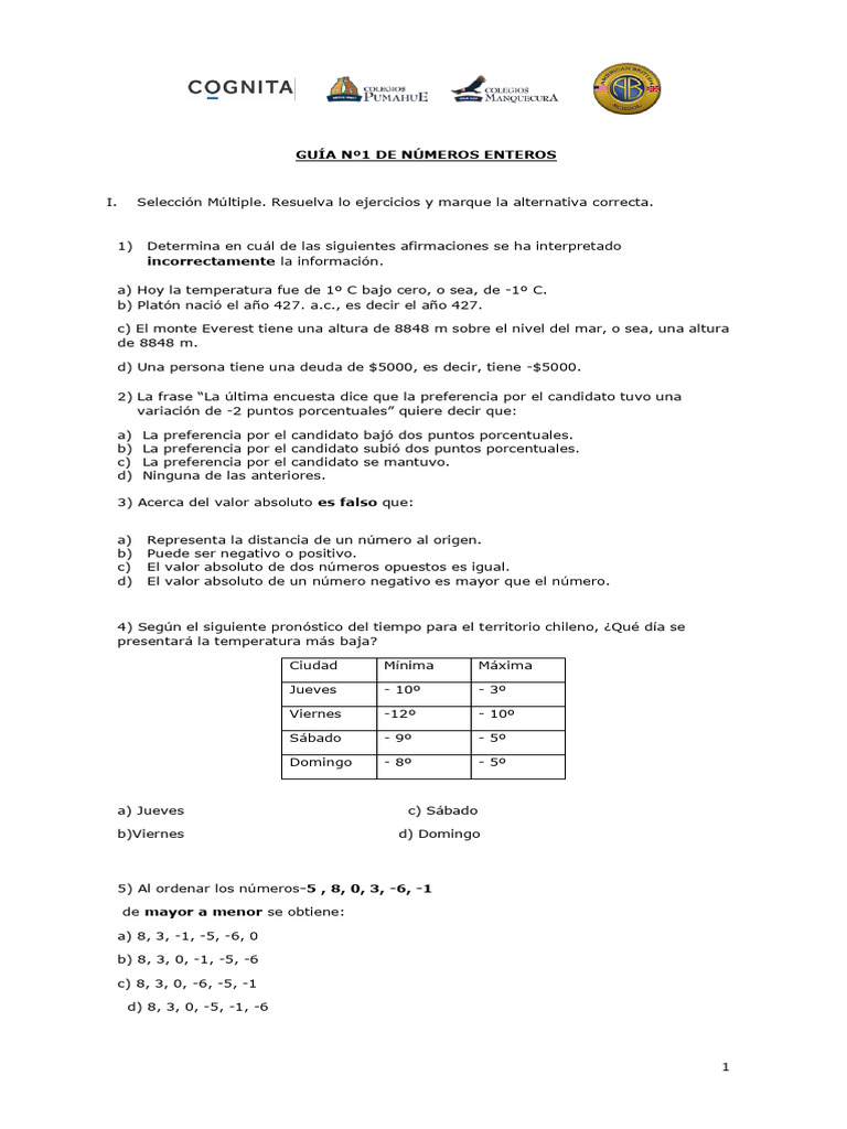 Guía Nº1 de Números Enteros | PDF | Entero