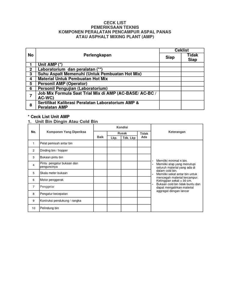 Checklist Pemeliharaan Asphalt Mixing Plant | PDF