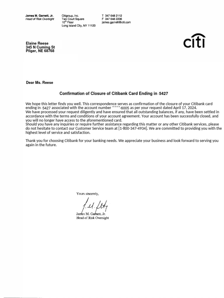 Citibank Card Closure Confirmation | PDF | Basel Ii | Financial Regulation