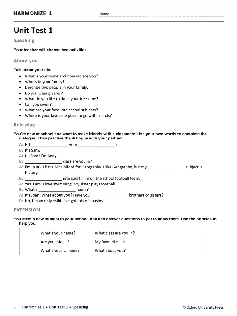 Harmonize 1 Unit 1 Test Speaking | PDF