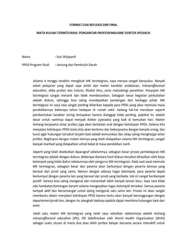 ESAI REFLEKSI DIRI IPE PPDS Final (Suci Wijayanti - Jantung) | PDF